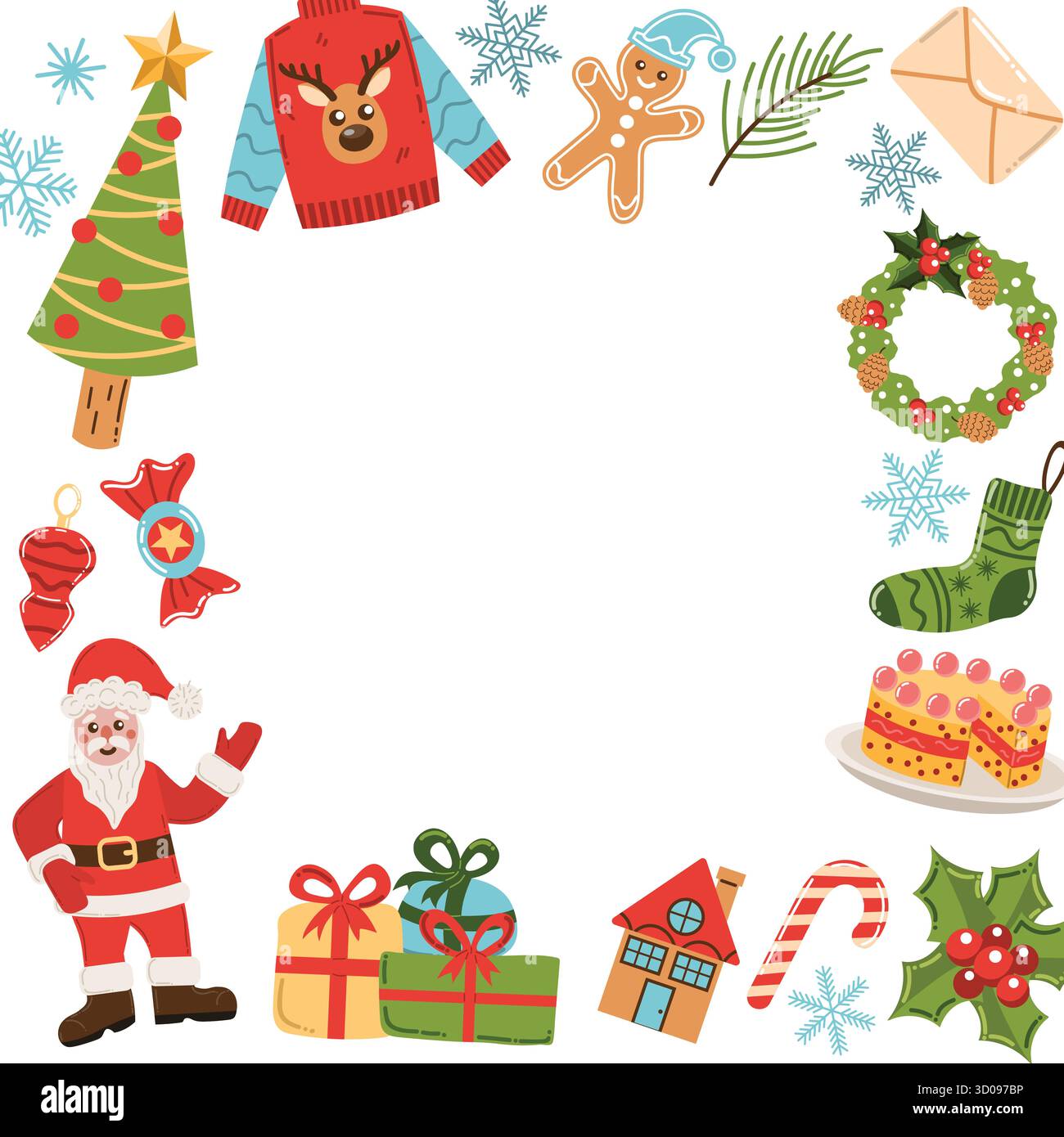 Flat cartoon Christmas frame with Santa Claus, tree, candy cane ...