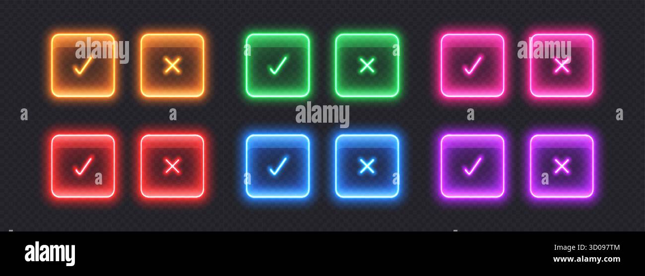 Neon checkmark icons, glowing check buttons, glossy glass signs Stock ...