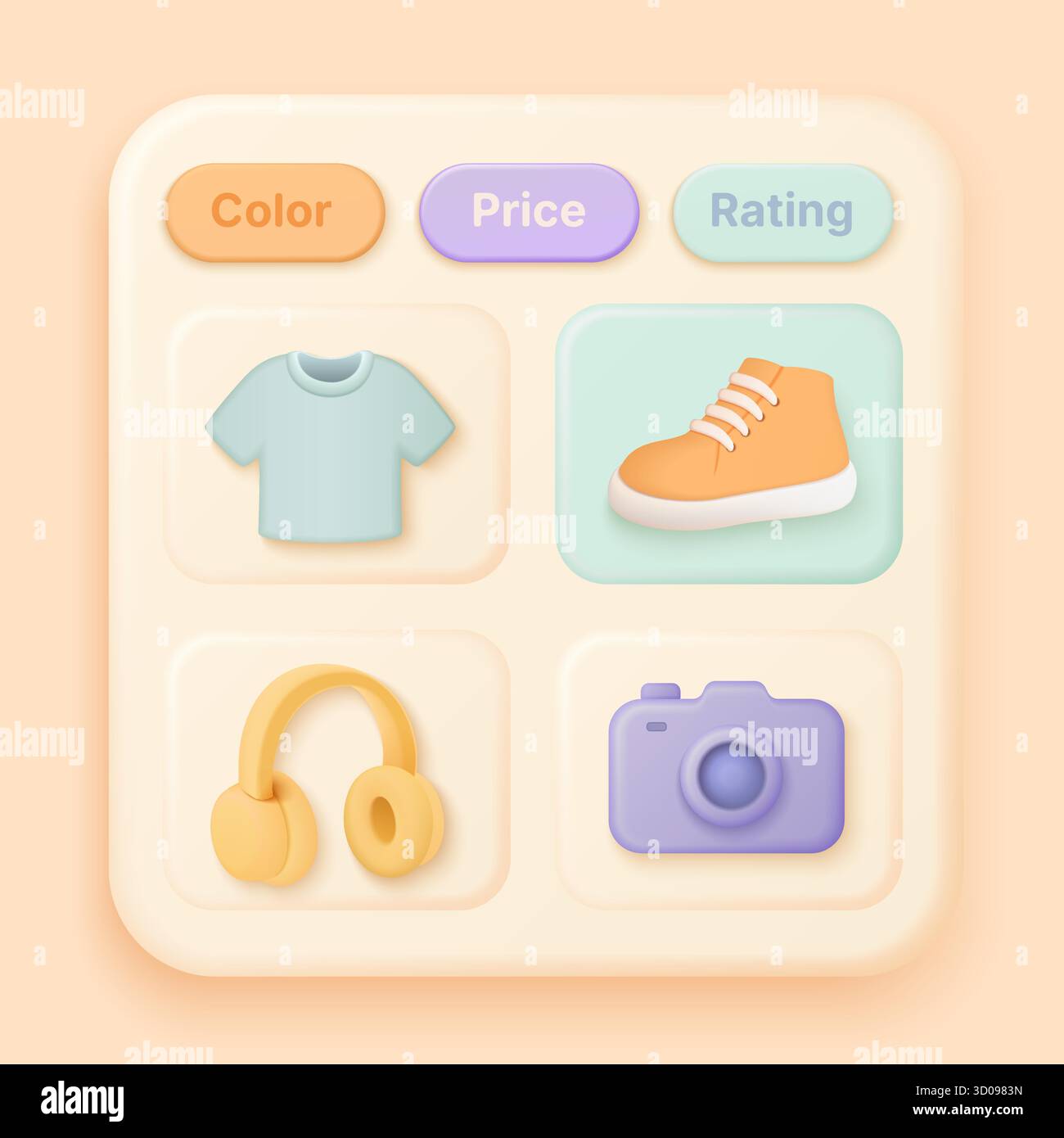 Modern 3D product catalog interface featuring shirt, shoe, headphones ...