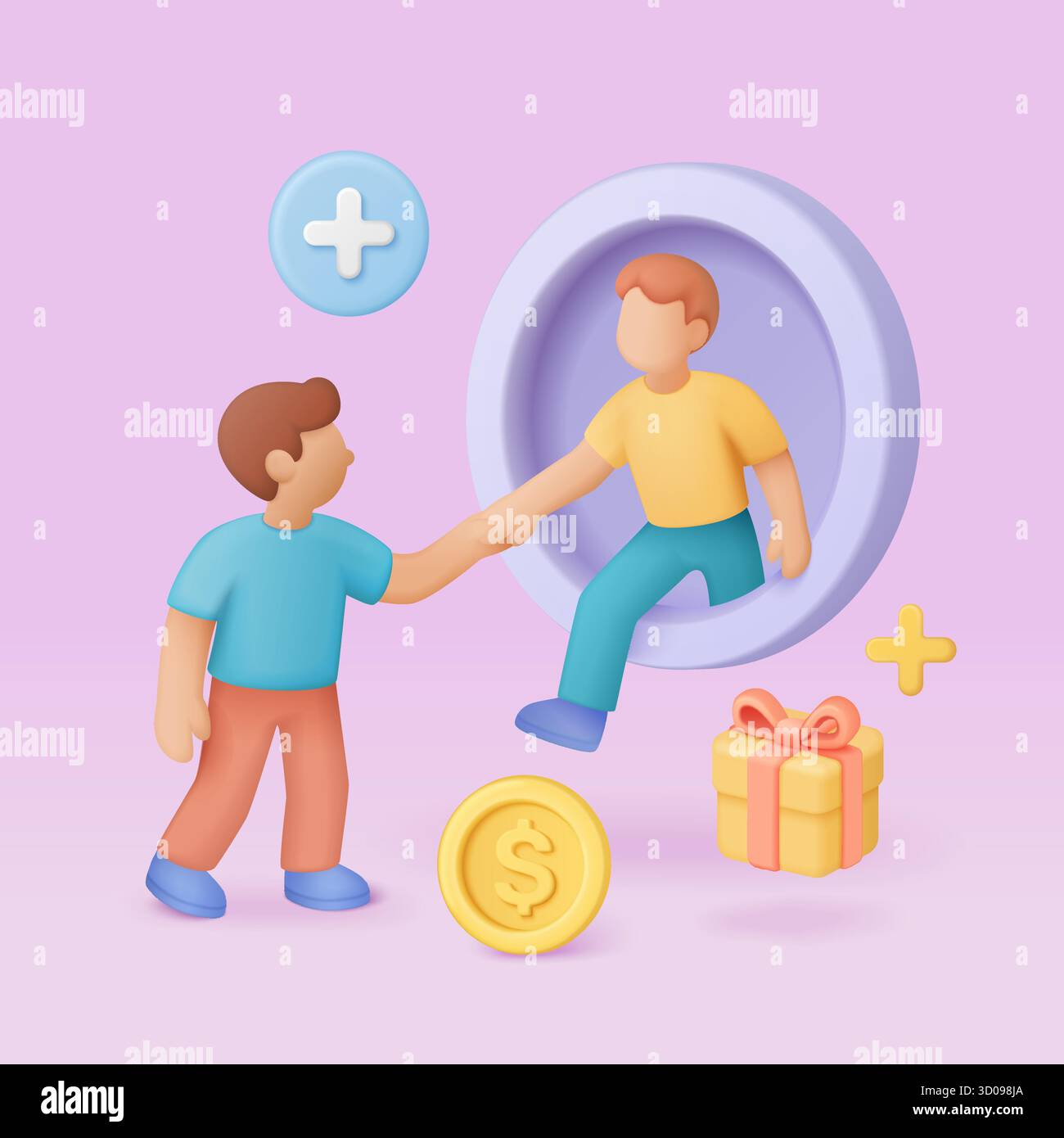 Two people shaking hands with gift box, coin, and plus icons ...