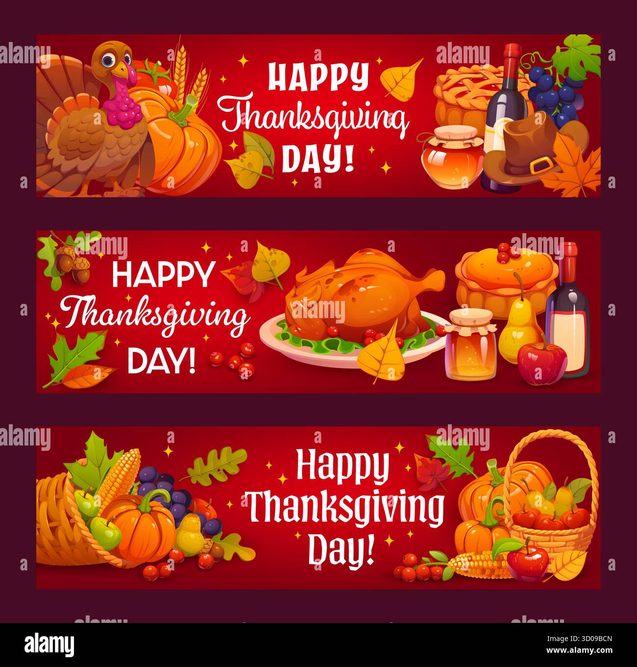 Happy Thanksgiving Day horizontal banners combine vector lettering and ...