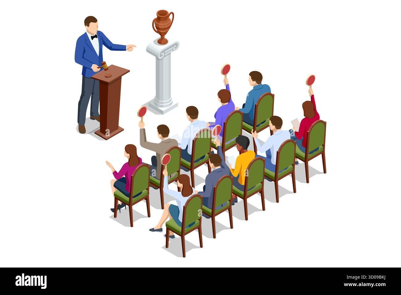 Isometric art auction with auctioneer and bidders competing for an ...