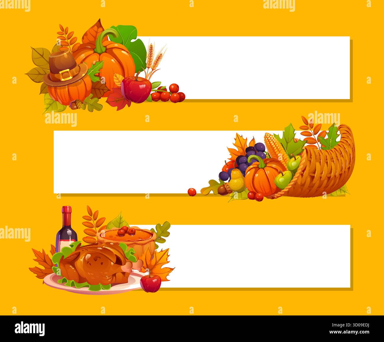Happy Thanksgiving banners with autumn harvest and fruits, pumpkins ...