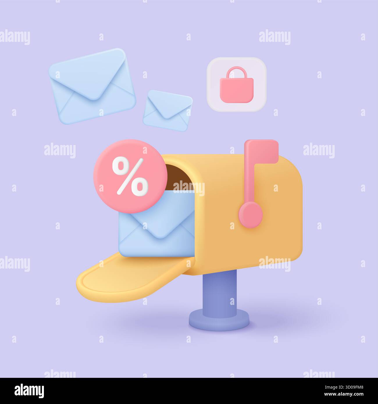 Colorful 3d mailbox with envelopes, percent sign, and shopping icon ...