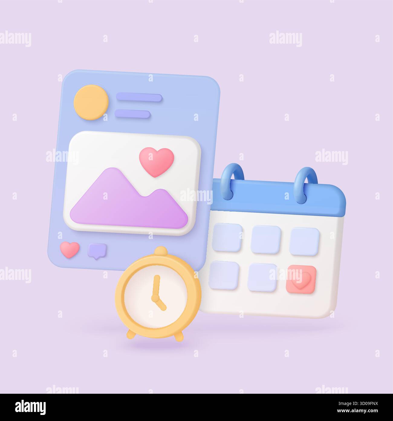 3d style calendar, clock, and social media post icons represent digital ...