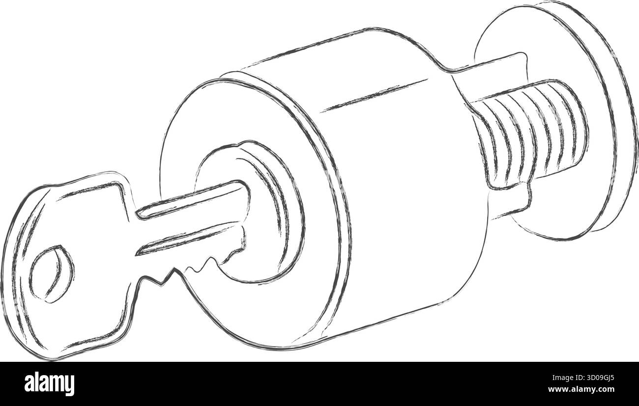 A metal cam lock is shown with a slotted cylinder and loose key, used ...