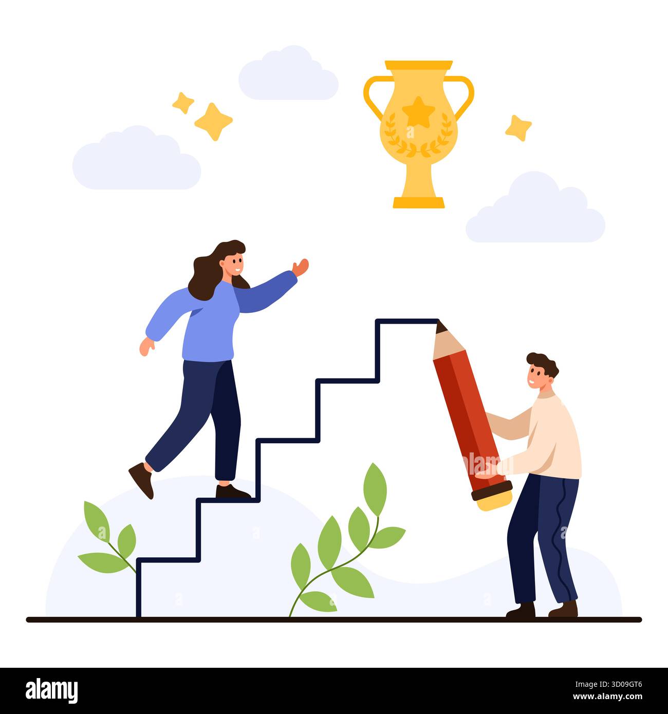 Man drawing stairs for woman to reach trophy, symbolizing teamwork ...