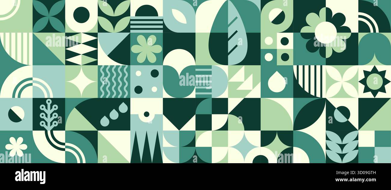 Geometric bauhaus pattern with green plant motifs - abstract leaves ...