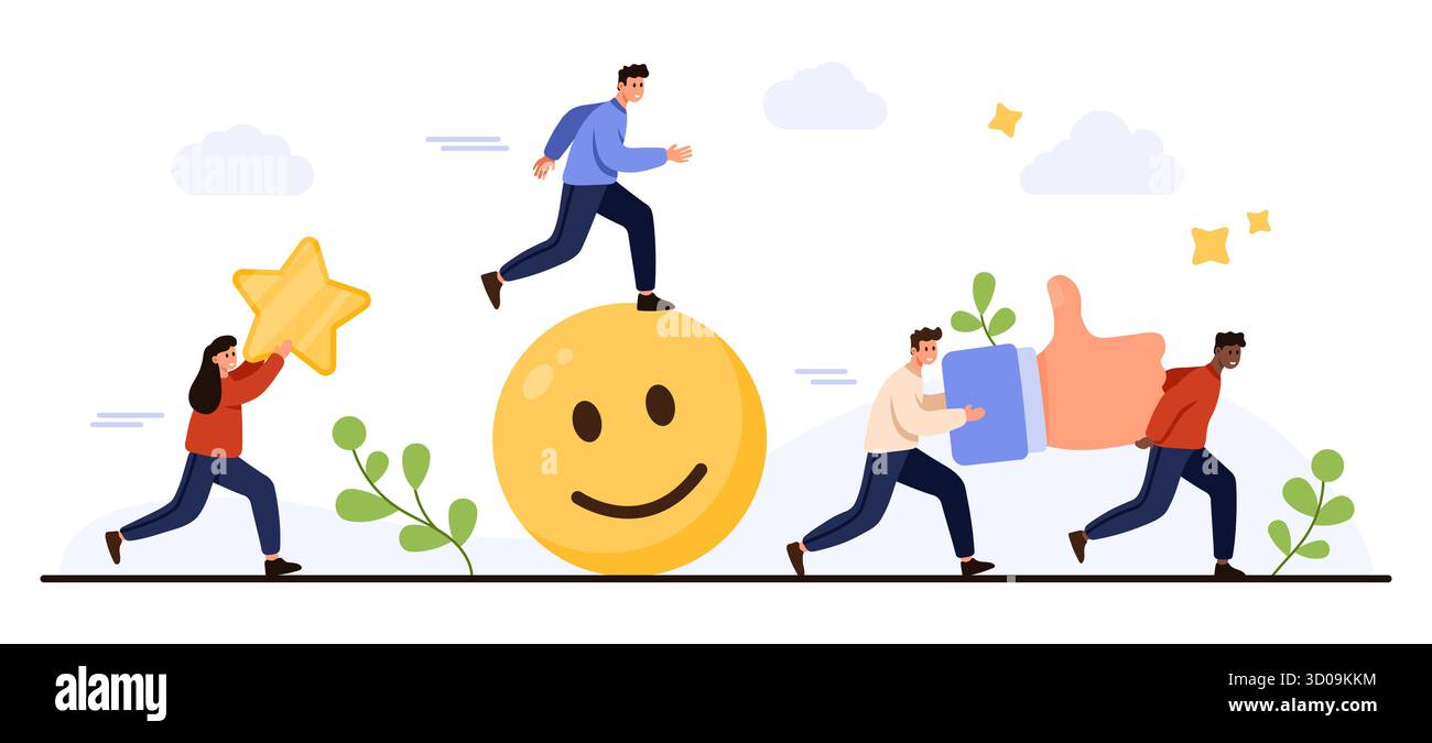 People collaborating with smiley face, star, thumbs up, and plants ...