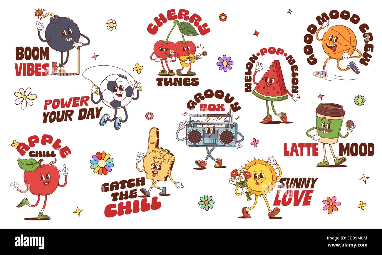 Retro Y2K groovy stickers with cartoon funky characters and funny emoji ...