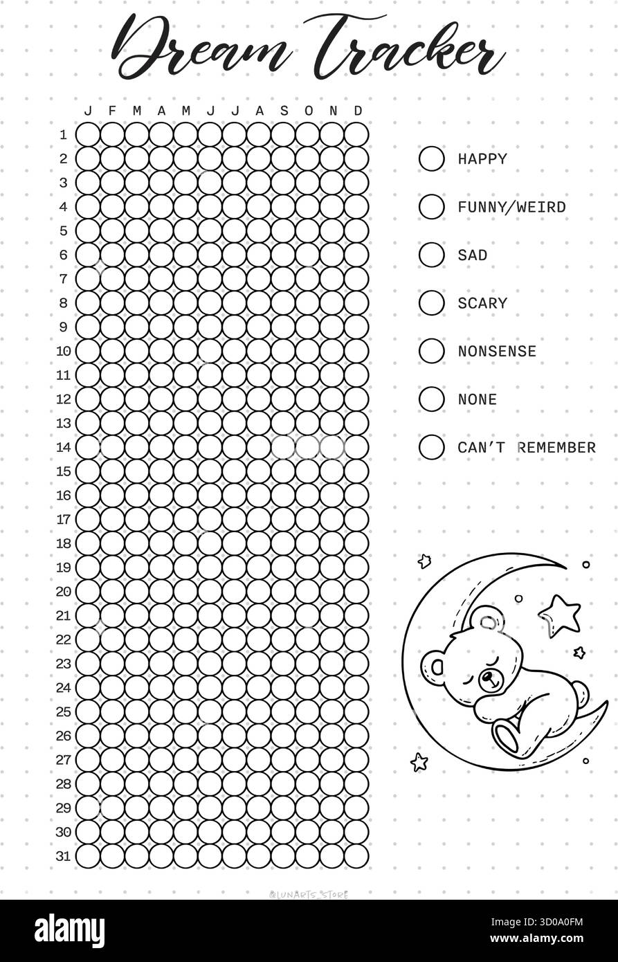 Dream tracker Bullet Journal Printable Planner Page Template, Vector ...