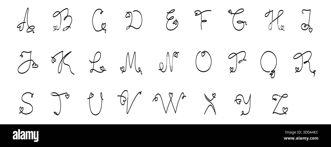 Single Line Script Alphabet with Hearts, Monoline Calligraphy Font Set ...