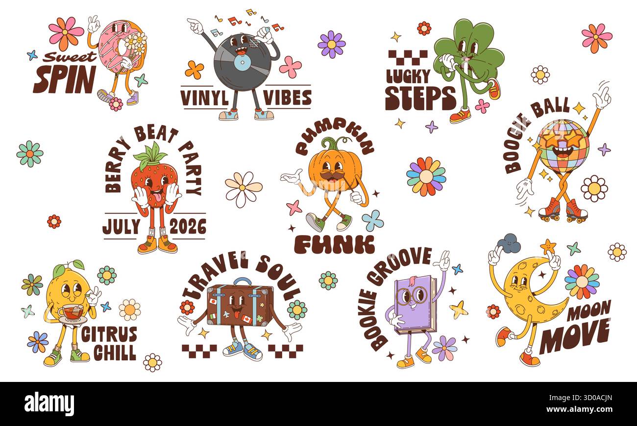 Retro Y2K groovy stickers with funny funky characters or emoji, cartoon ...