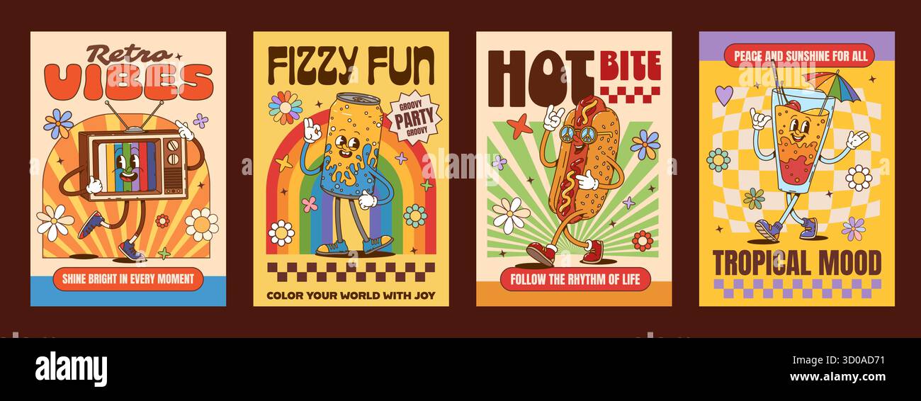 Retro groovy hippie characters vintage posters. Vintage television ...
