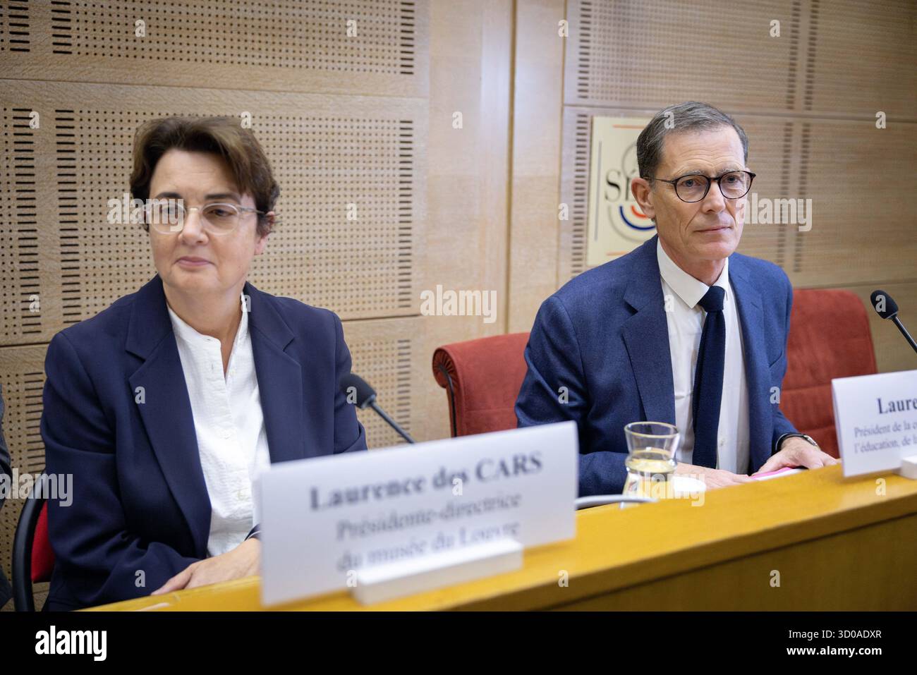 President of the Louvre Museum Laurence des Cars (L) looks on prior to ...