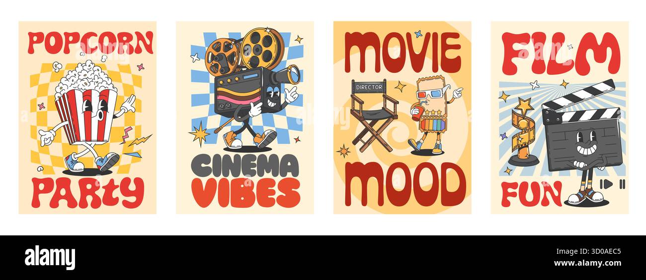 Hippie groovy movie characters on retro 70s posters for cinema theater ...