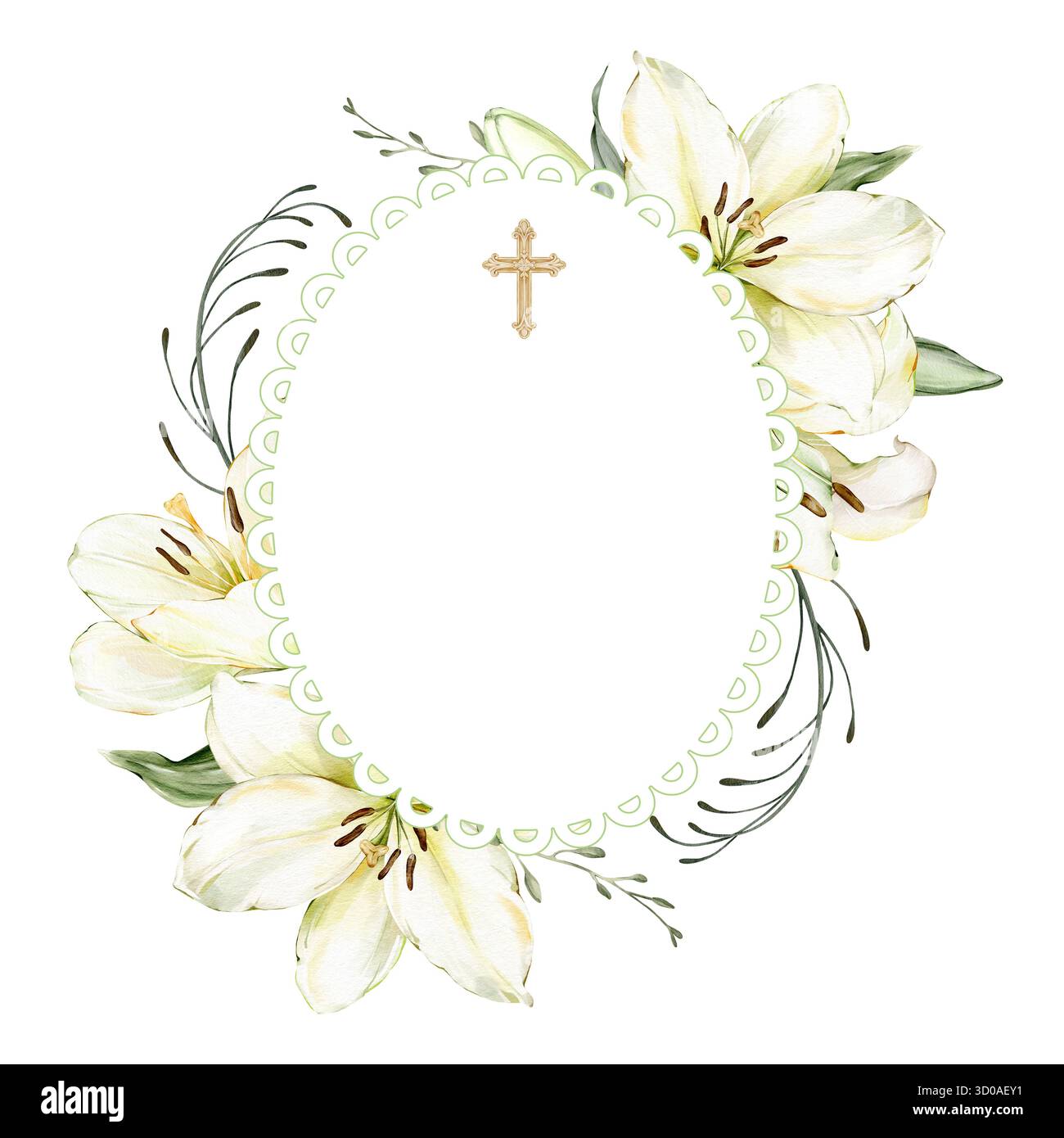 Decorative oval vignette frame with white lilies and Christian cross ...