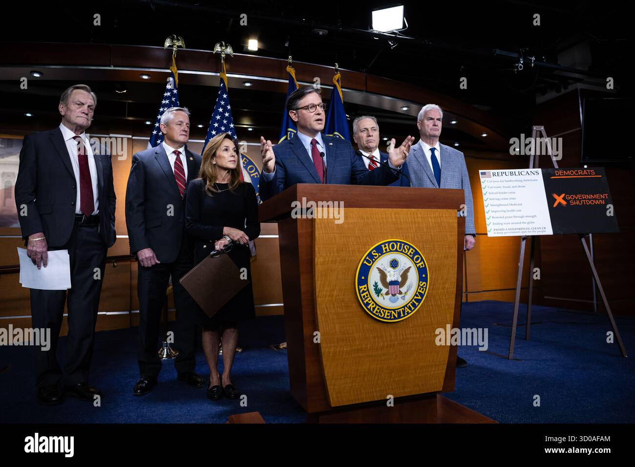 House Speaker Mike Johnson (R-La.) speaks alongside Reps. Mike Simpson ...