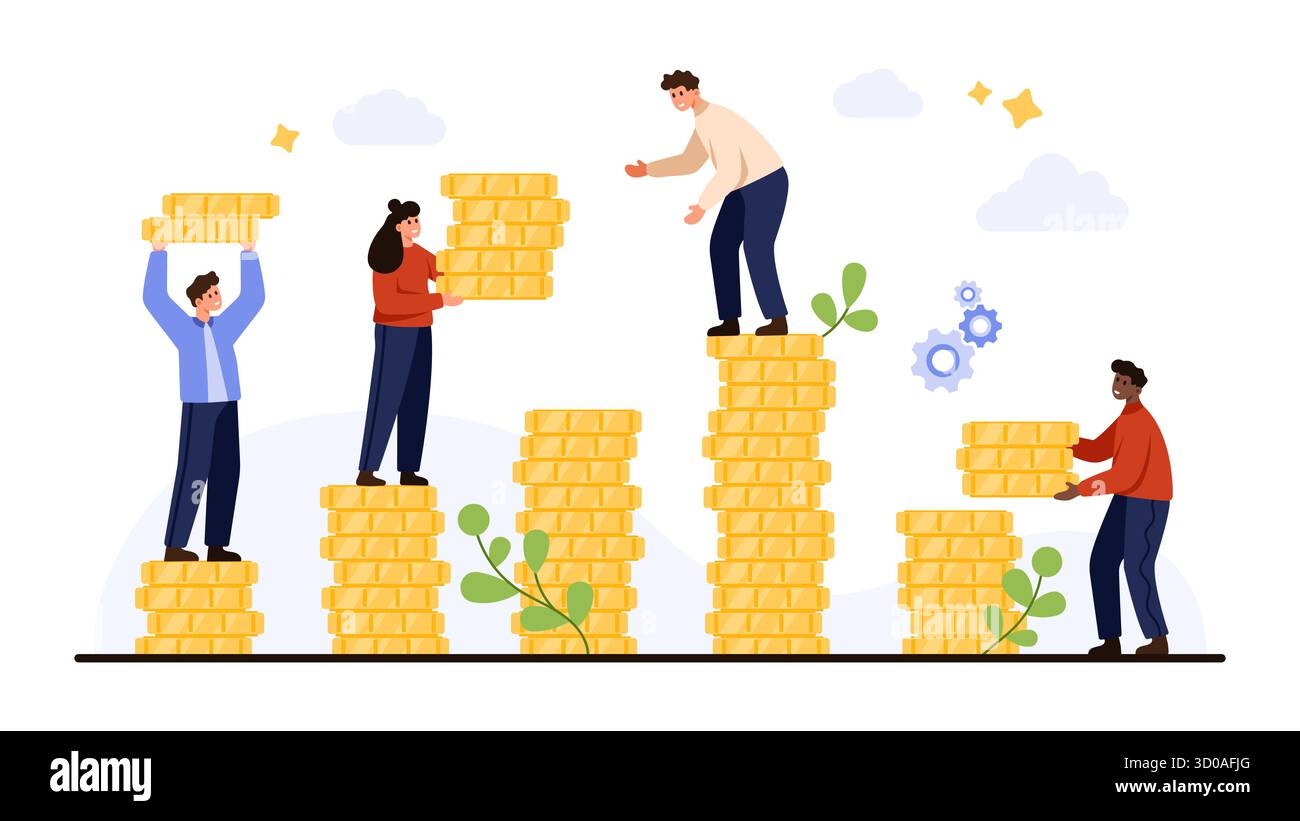 Business people stacking gold coins to represent teamwork, financial ...