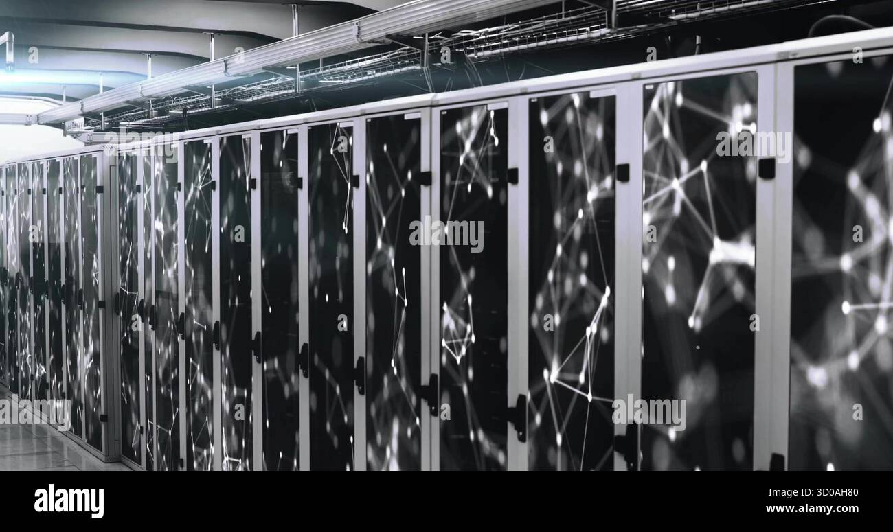 Showing server rack cabinets in data center corridor, with glass doors ...