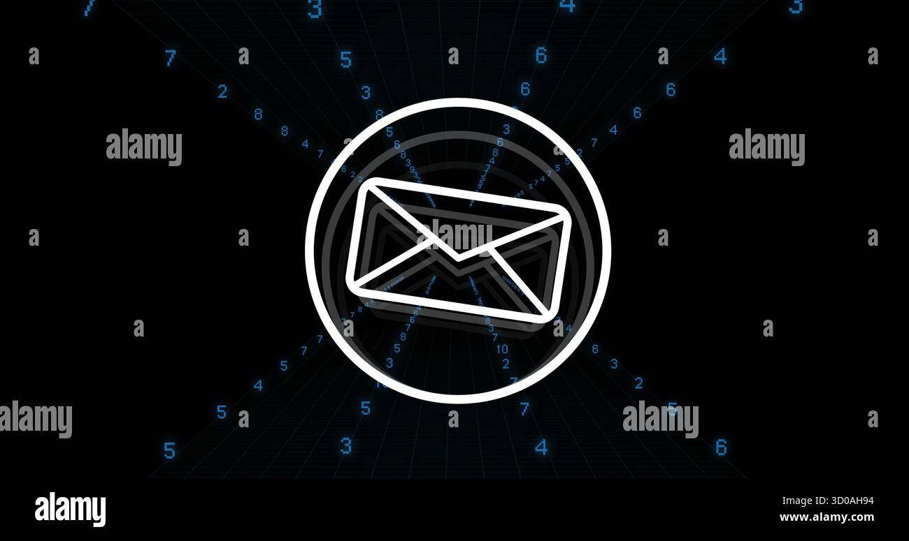 Floating white envelope icon within white circular border on dark grid ...