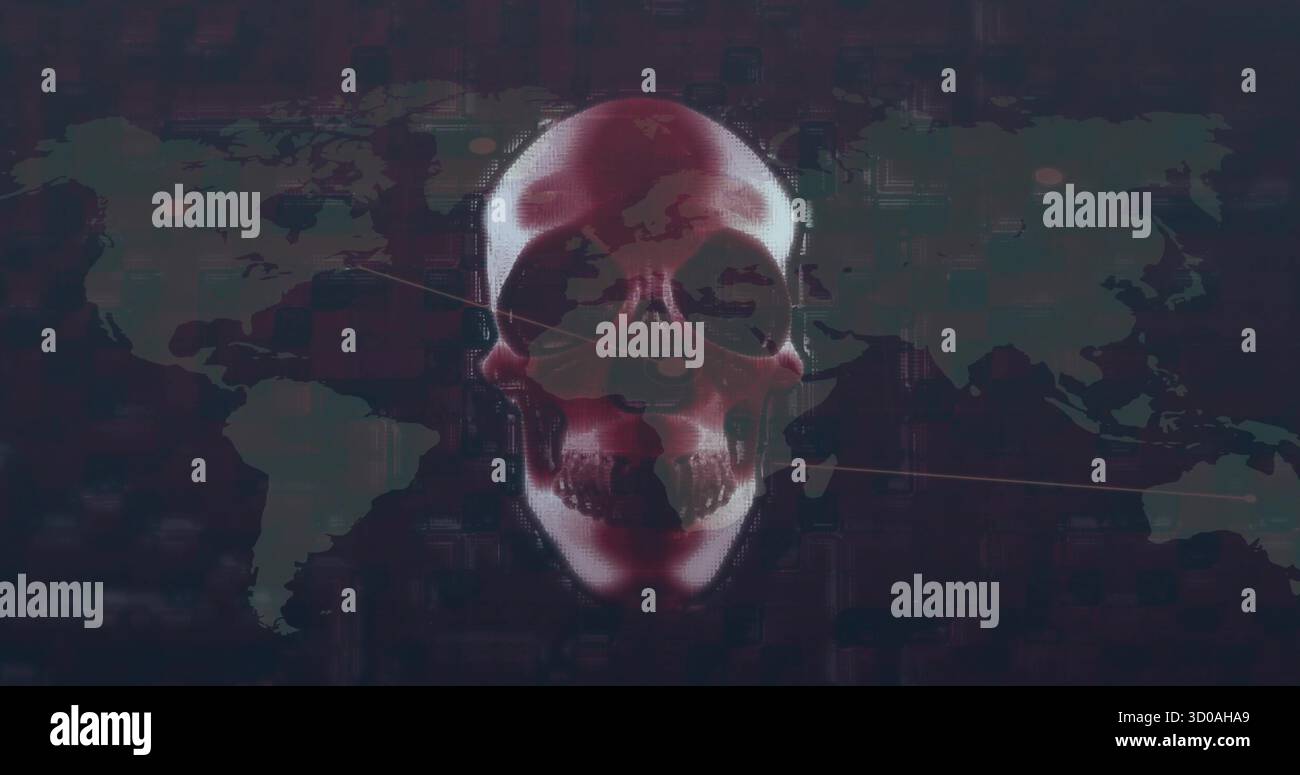 Floating red glowing digital skull over dark world map overlay, showing ...