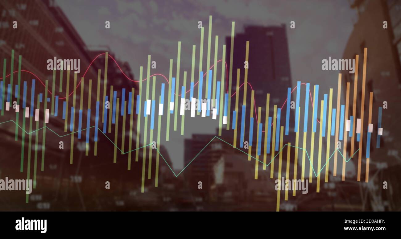 Overlaying colorful bar charts and wavy line graphs on urban street ...