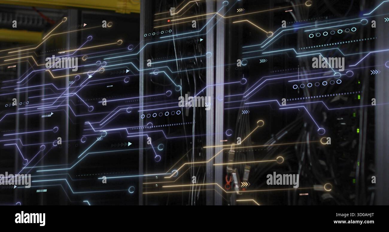 Displaying server racks processing data in data center with switches ...