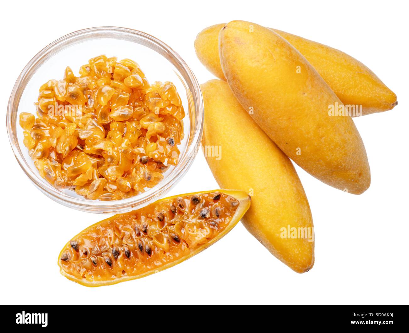 Curuba or banana passion fruit cut in half showing the juicy pulp and ...