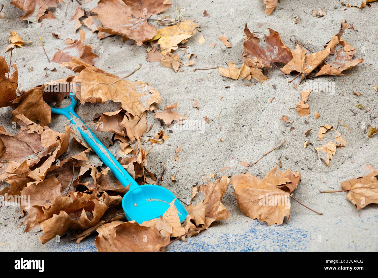 Blue shovel in sandbox with autumn leaves Stock Photo - Alamy