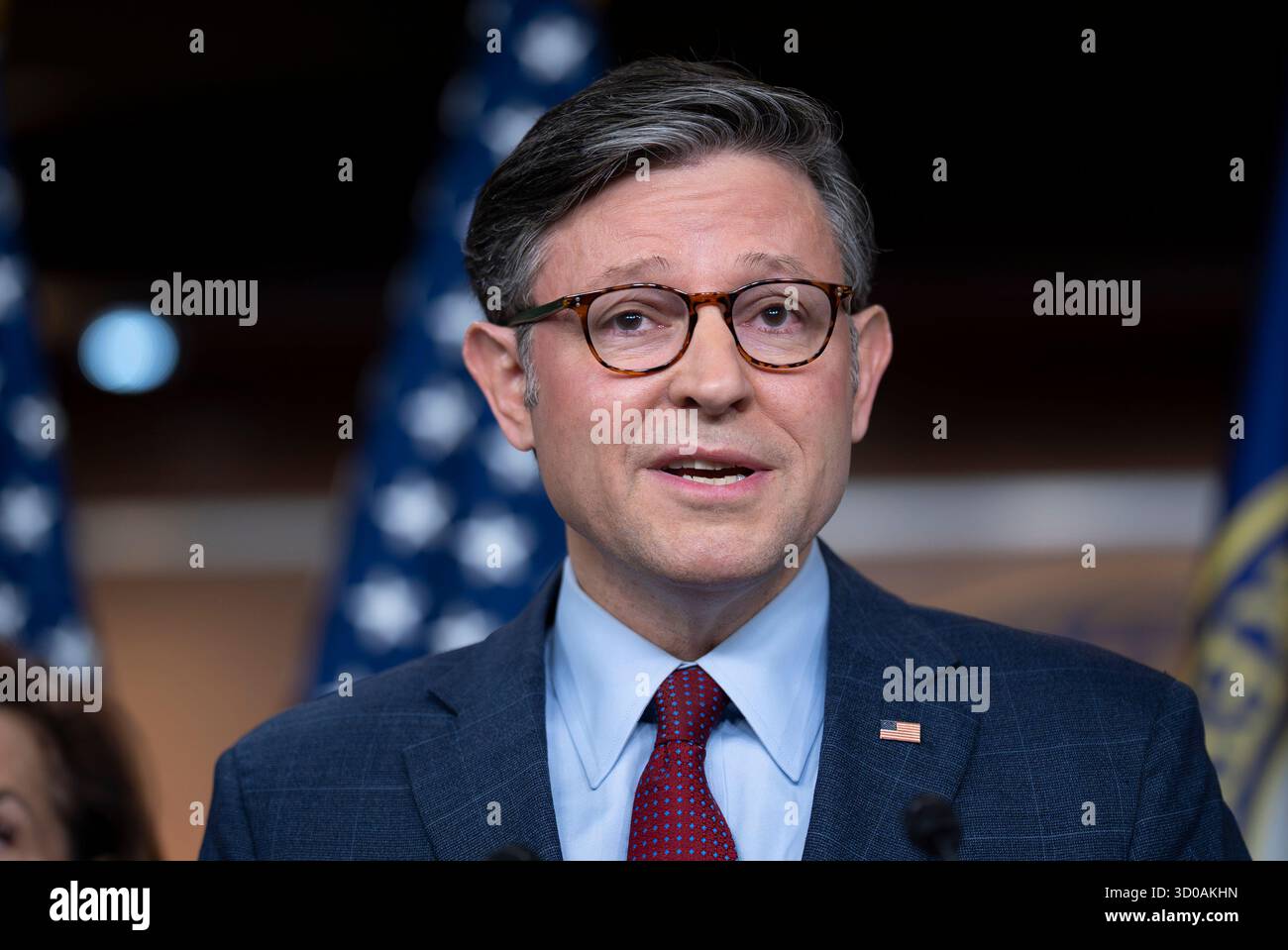 Speaker of the House Mike Johnson, R-La., talks to reporters during a ...