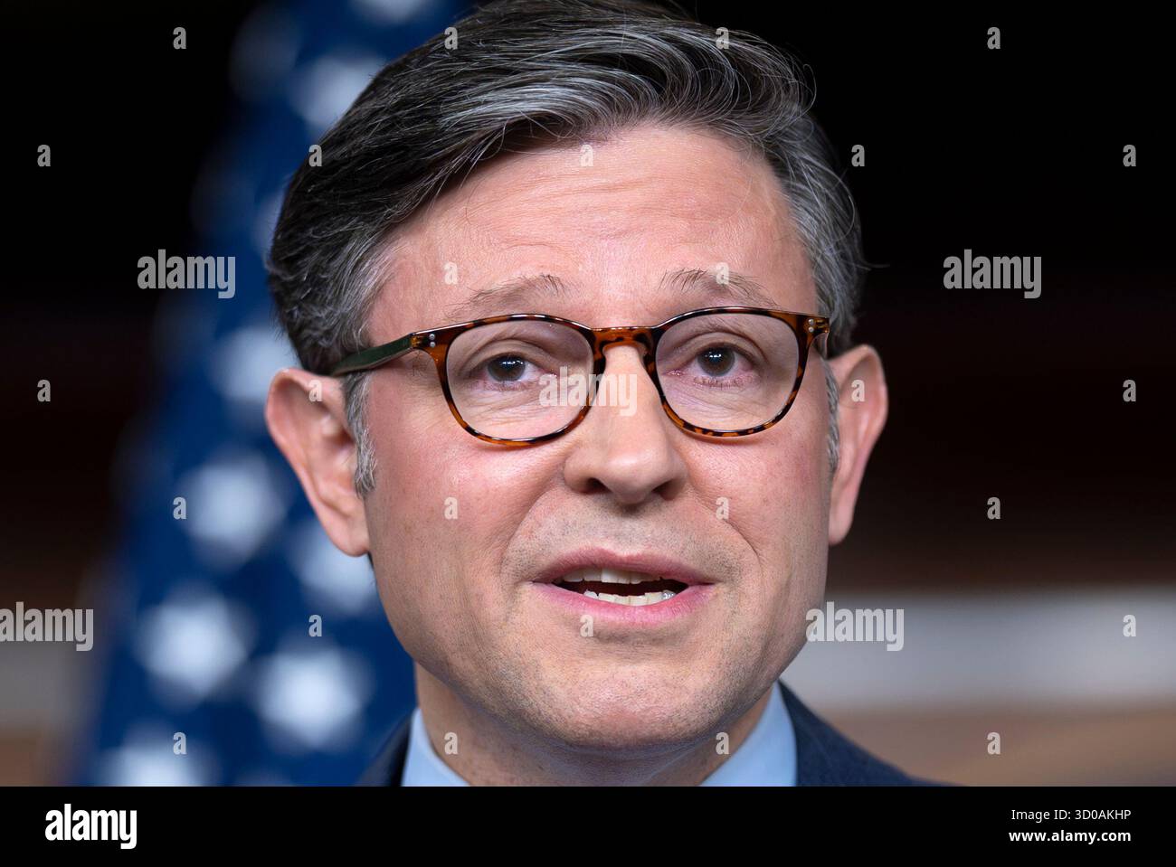 Speaker of the House Mike Johnson, R-La., talks to reporters during a ...