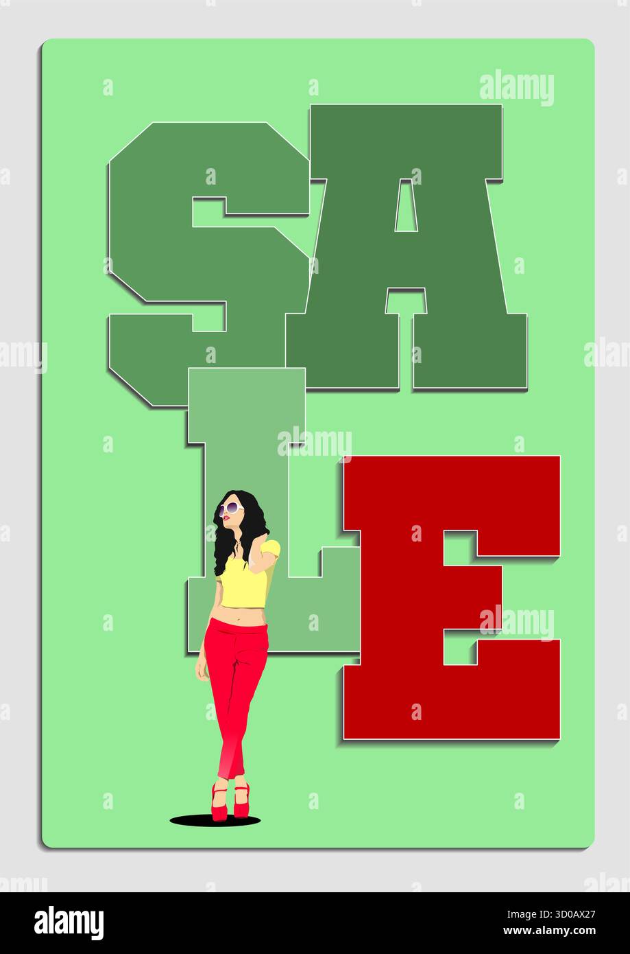 Stylish woman posing in front of a large 'sale' sign, representing ...