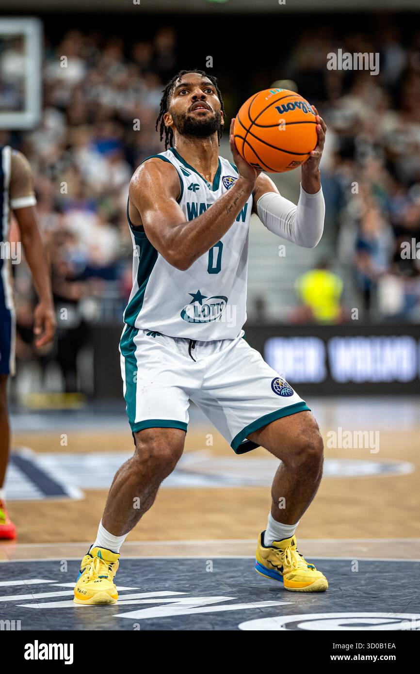 Jayvon Graves (0; Legia Warszawa) prepares for a free throw Basketball ...