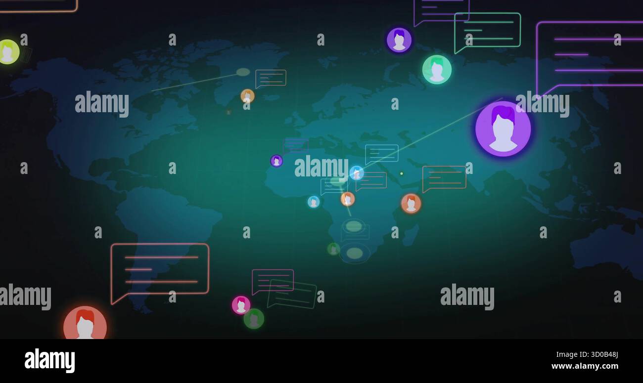 Displaying purple circular avatar icon linking icons with chat bubbles ...