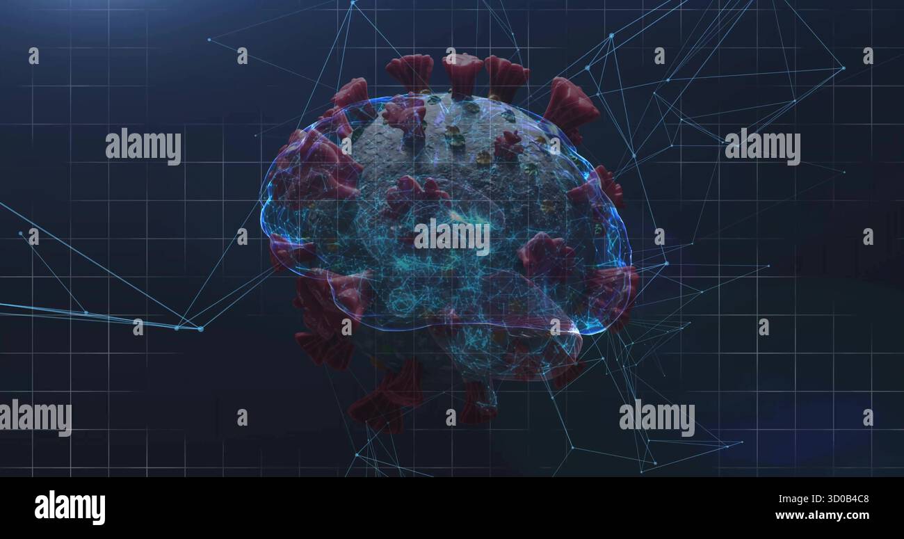 Floating spherical virus-like particle drifting over dark grid plane ...