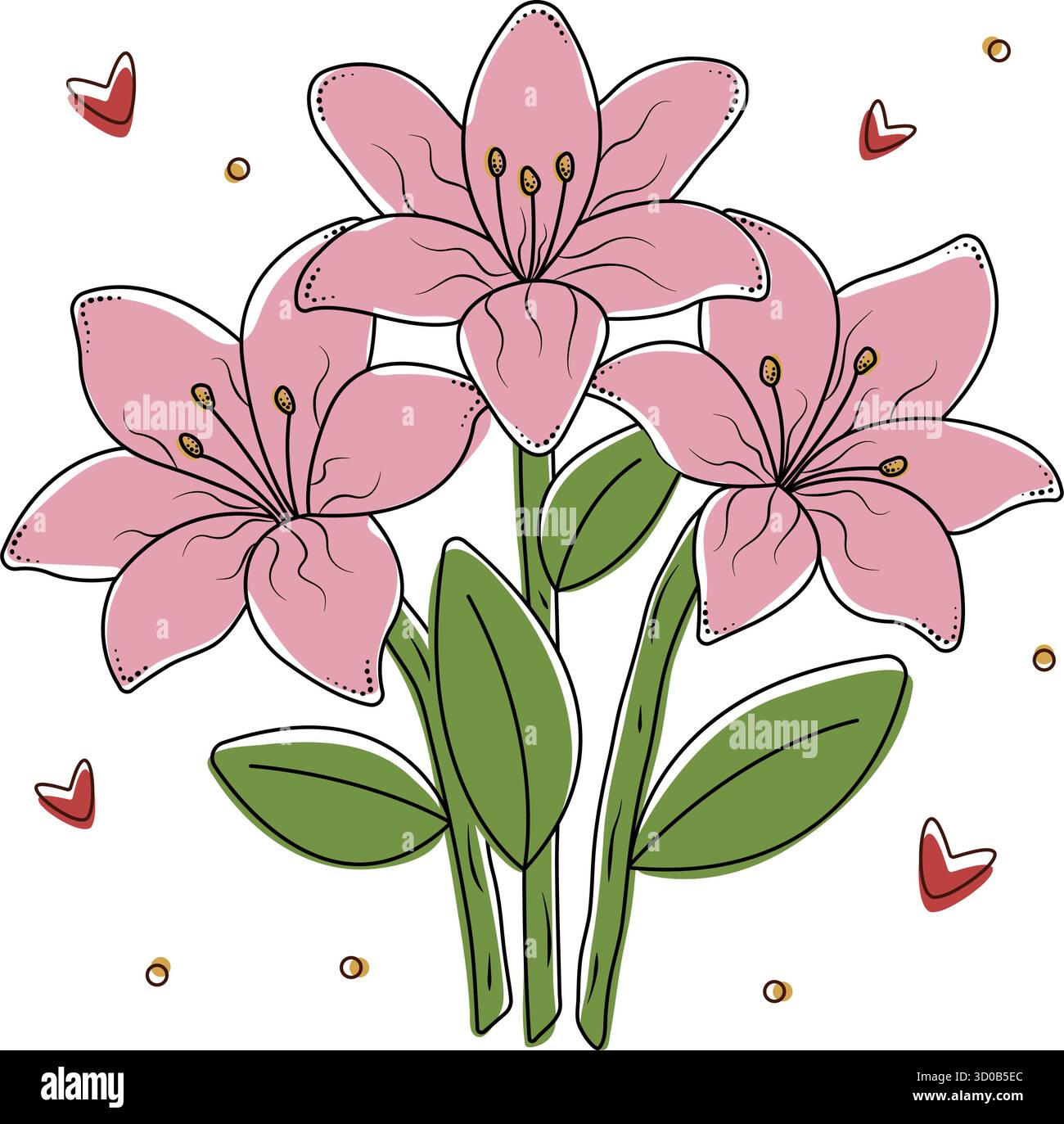 Three pink lilies with black contour, vector lily bouquet with hearts ...