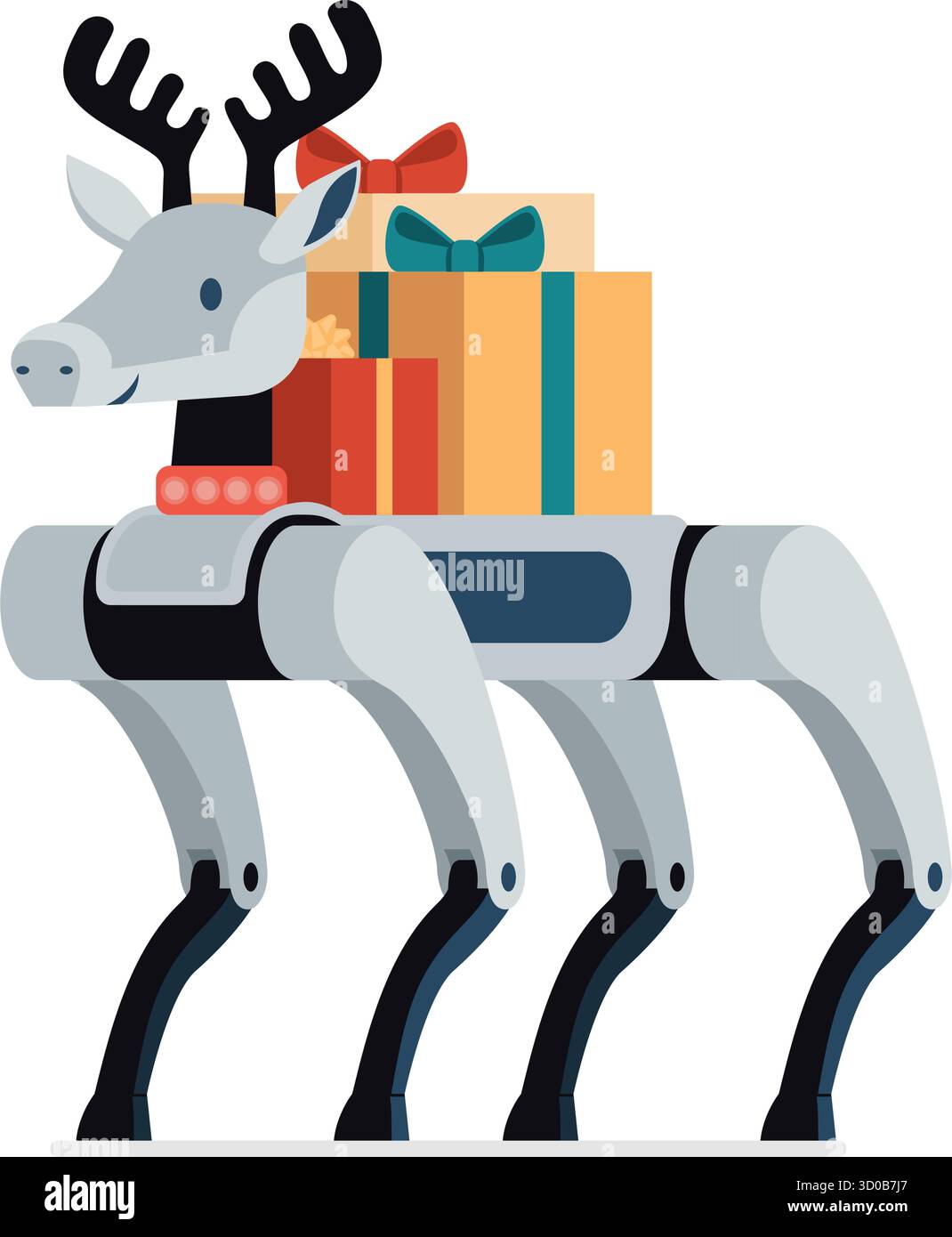 Robotic Santa Claus's reindeer smiling and carrying Christmas gifts ...