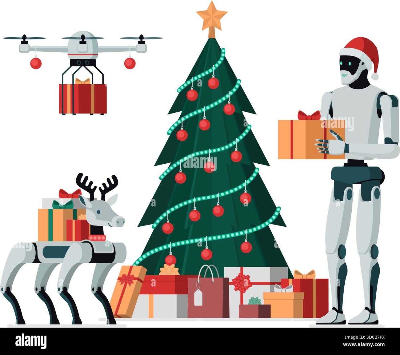 Funny happy robotic AI Santa Claus, robot reindeer and drone ...