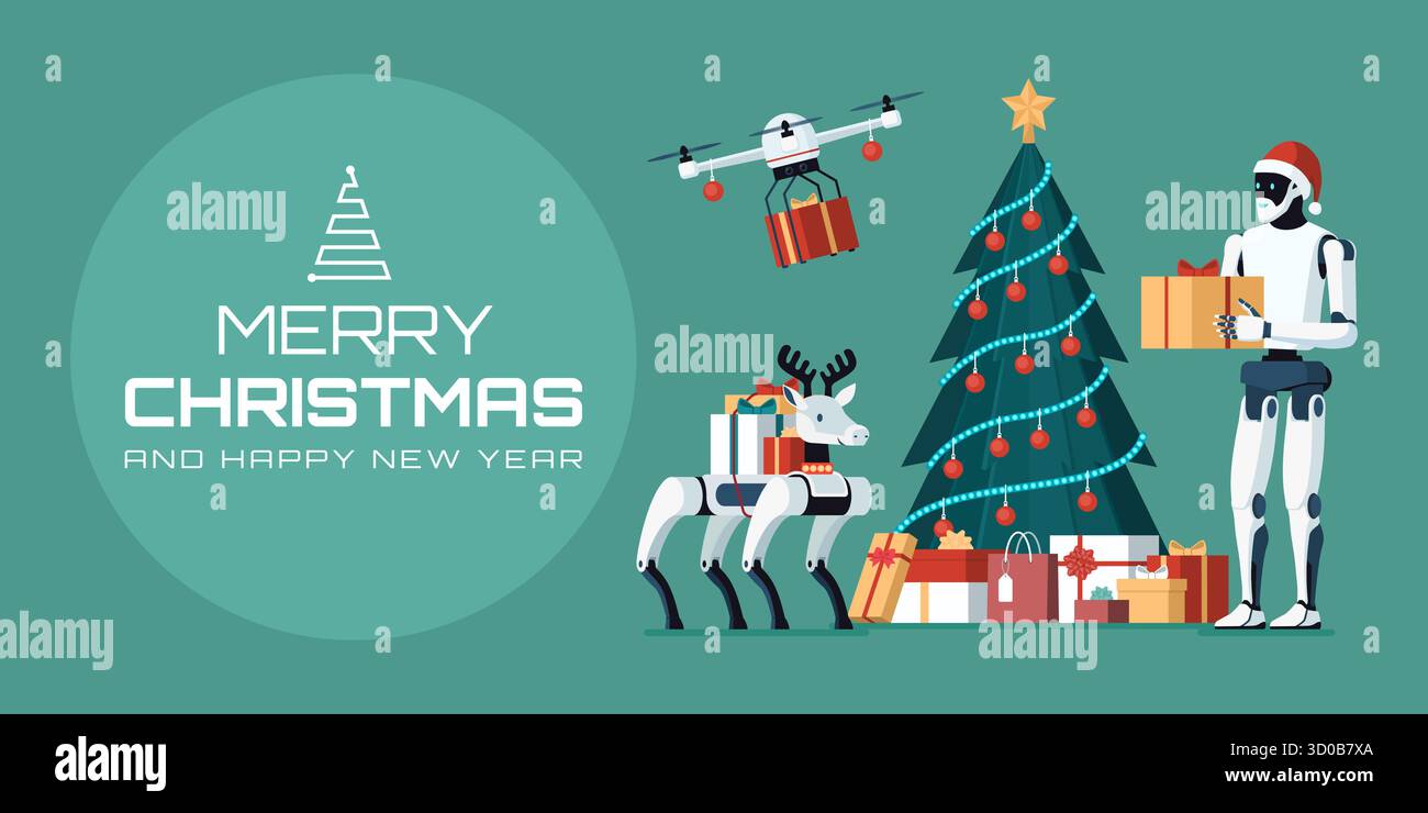Christmas banner with wishes, decorated tree, robotic Santa Claus ...