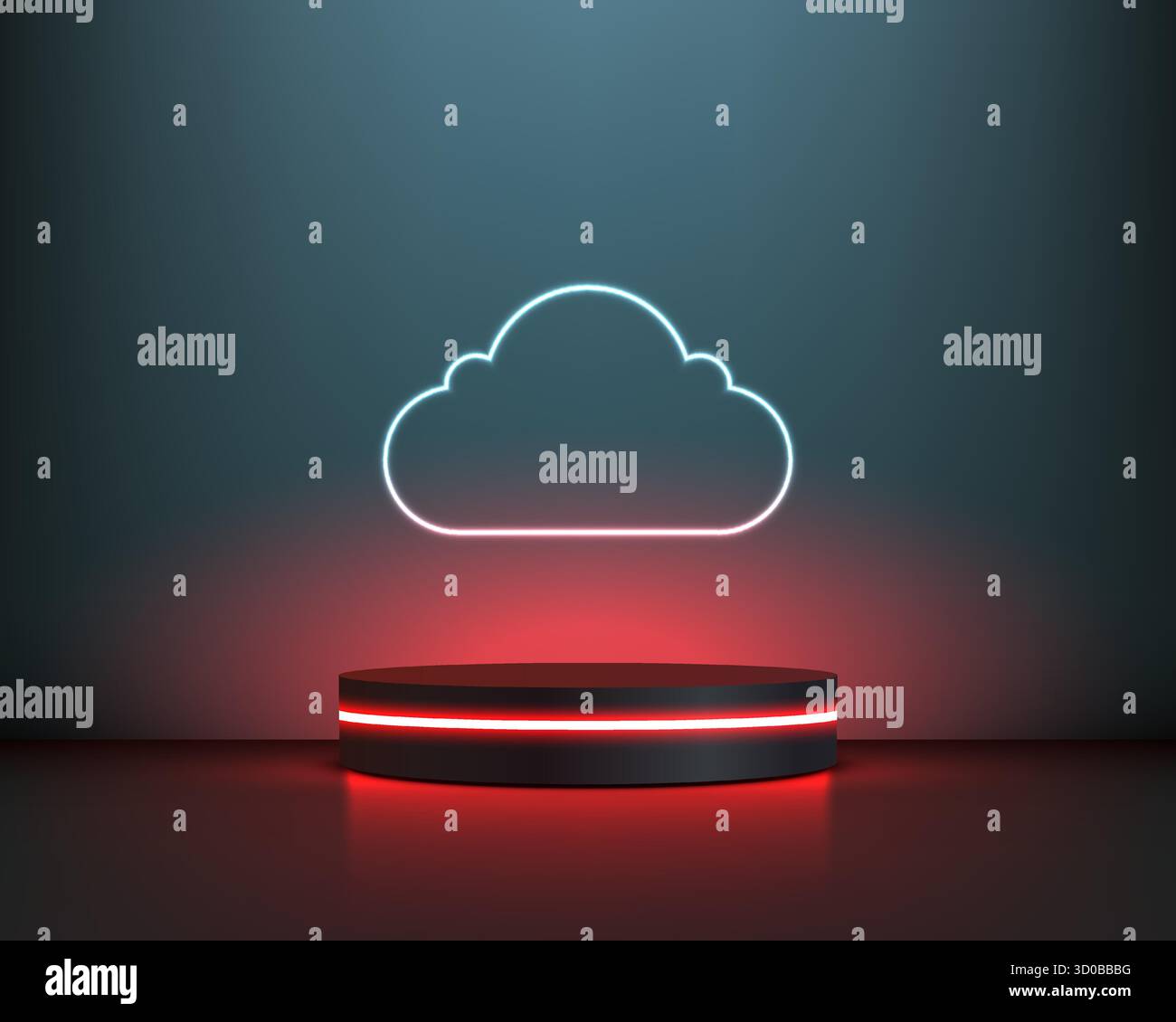 3d dark moody scene with a black pedestal glowing red stripe and neon ...