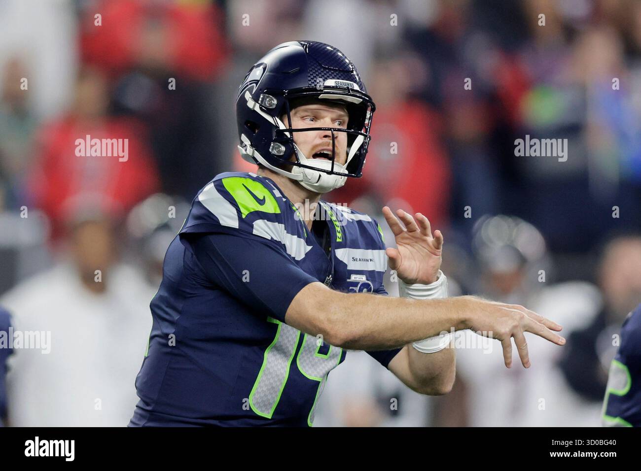 Seattle Seahawks quarterback Sam Darnold (14) watches the fate of his ...