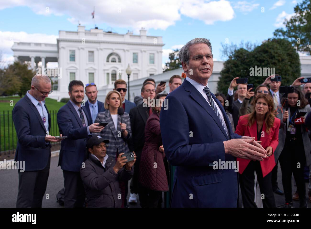 Treasury Secretary Scott Bessent speaks with reporters at the White ...