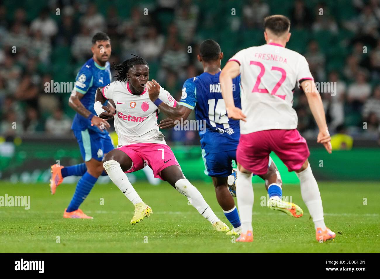 Sporting's Geovany Quenda challenges for the ball with Marseille's Igor ...