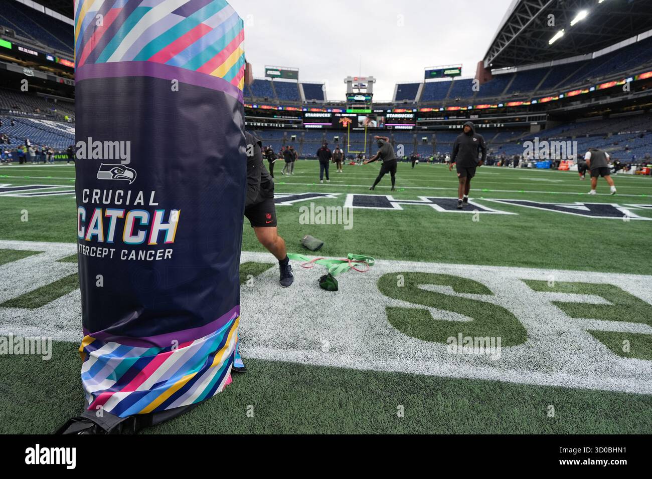A Crucial Catch banner is seen on a goalpost as a Houston Texans player ...