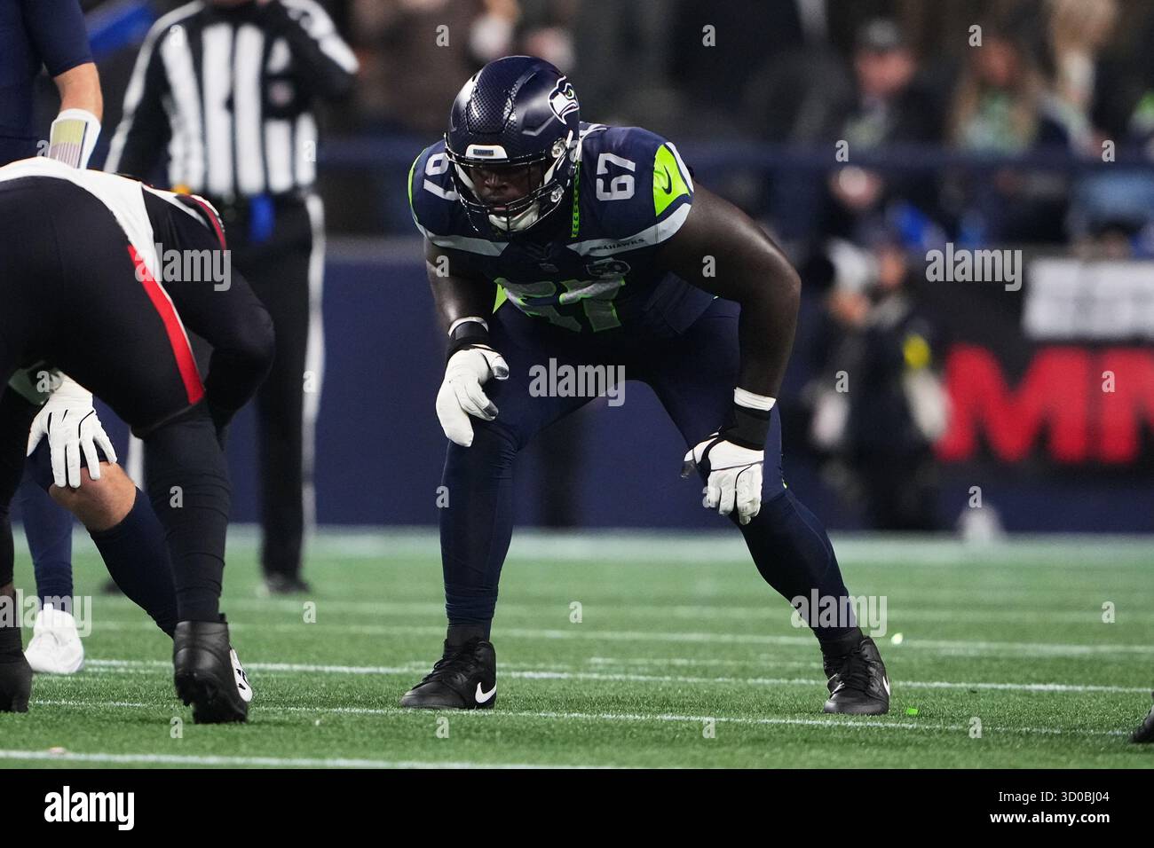 Seattle Seahawks offensive tackle Charles Cross lines up for a play ...