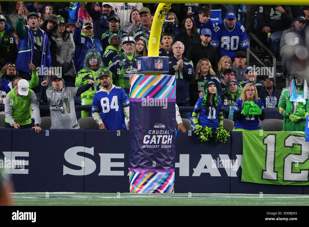 A Crucial Catch banner is seen on a goalpost as fans cheer during an ...
