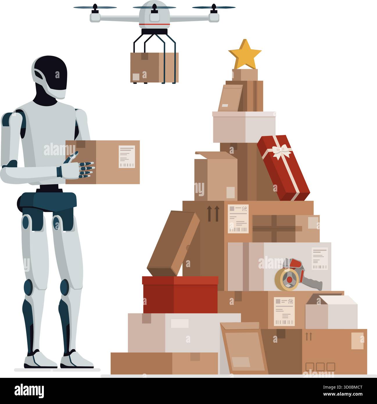 AI robot and automated drone delivering Christmas gifts, the boxes are ...
