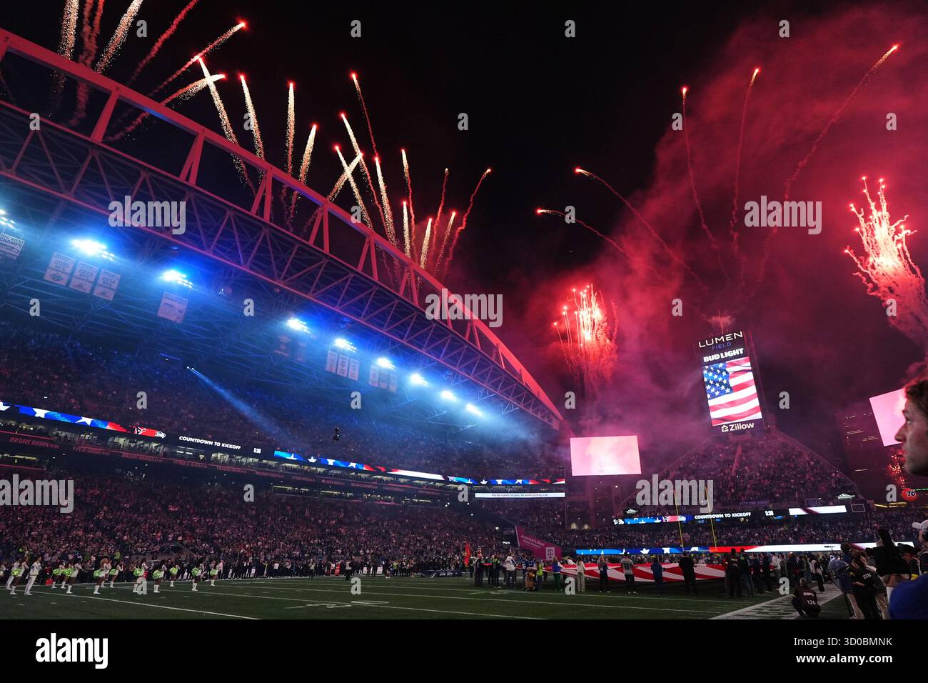 Fireworks go off at Lumen Field before an NFL football game between the ...