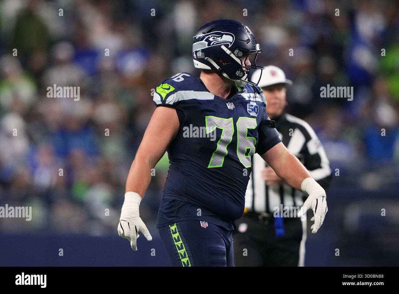 Seattle Seahawks guard Grey Zabel looks on in between plays against the ...